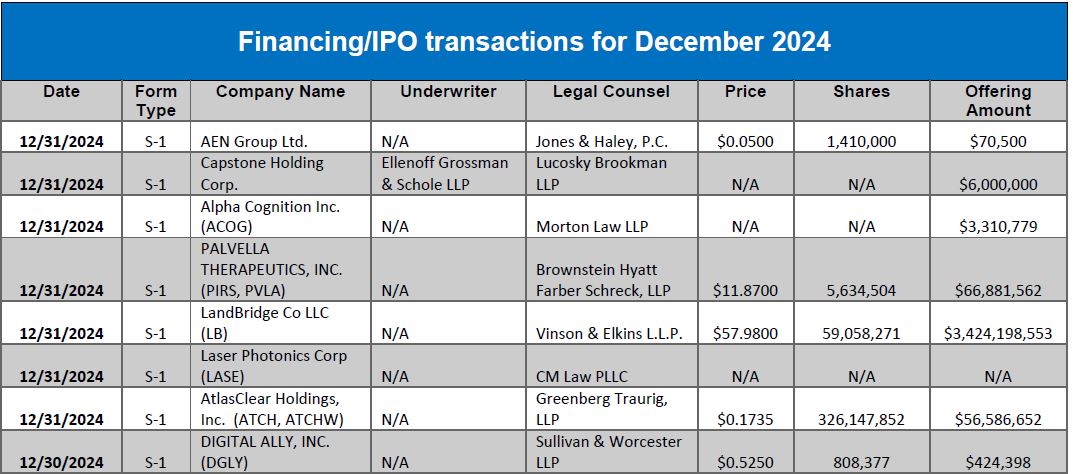 Financing/IPO Transactions – December 2024